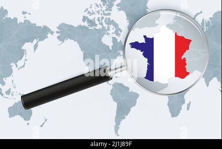 World map with zoom on France. Map in loupe. Vector illustration in ...