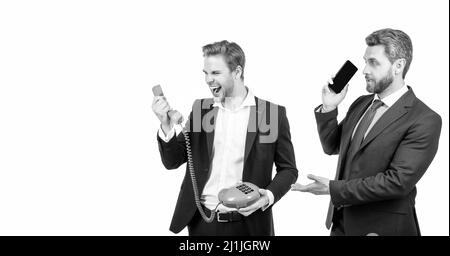 Lawyer with cellphone look at angry broker shouting in telephone ...