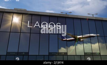 Aircraft landing at Lagos, Nigeria 3D rendering illustration. Arrival ...