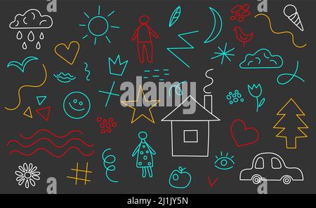 Childish doodle elements with people, car, house. Hand drawn line ...