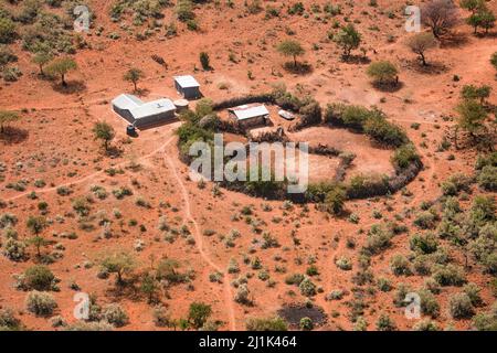 Aerial view of a traditional kraal, a round shaped, by fencing enclosed ...