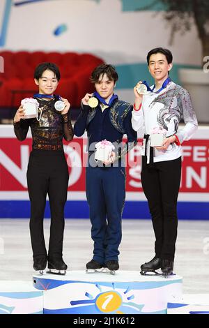L-R, Yuma KAGIYAMA (JPN), Shoma UNO (JPN), Ilia MALININ (USA), during ...