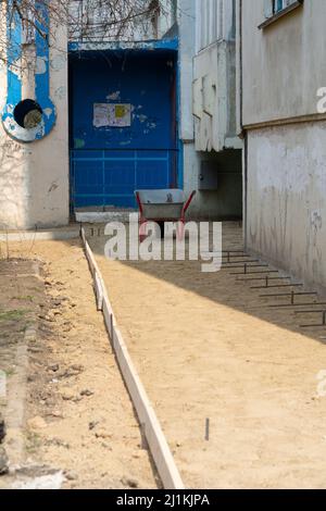 Foundation blind area preparing. Basic formwork marking. Blind area ...