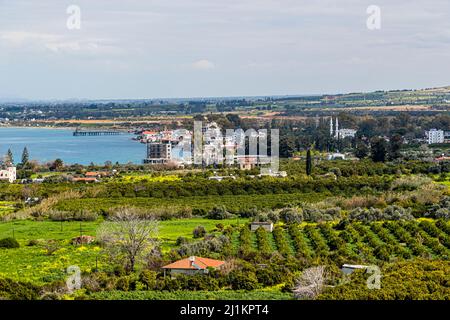 Aerial panorama of Skouriotissa copper mine in Cyprus with ore piles ...