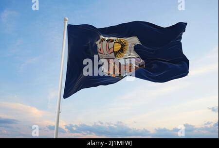 flag of Belem , Brazil at cloudy sky background on sunset, panoramic ...