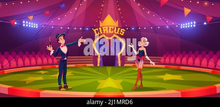 Magician and woman on circus arena. Performance, carnival show on round ...