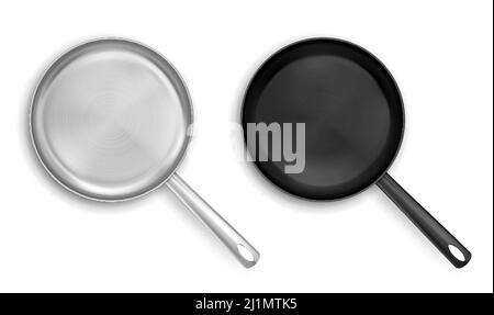 Metal and black nonstick frying pans top view. Vector realistic mockup ...