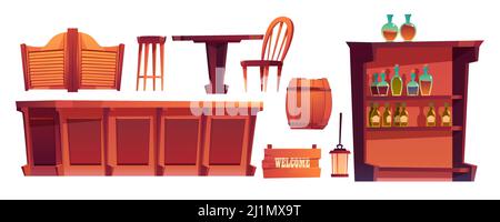 Bar furniture and stuff isolated set. Wooden desk with beer taps, high ...
