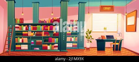 Library with books on shelves and laptop on table. Vector cartoon ...
