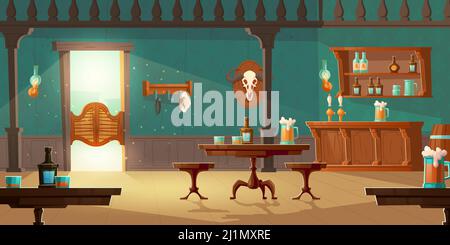 Western saloon interior with table, bar counter, alcohol bottles on ...