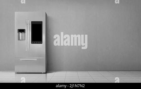 Smart fridge, refrigerator front view with wifi, digital display ...