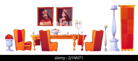 Feast table with food in castle dining room with utensil, goblets and ...