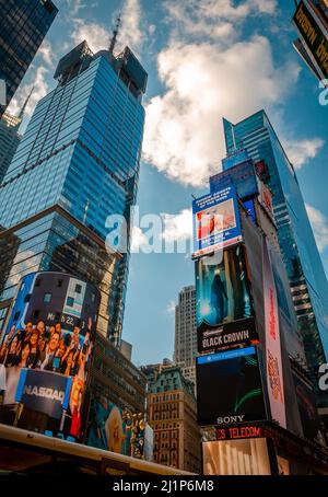 Time Square Skyscraper with advertisement scoreboards on the buildings ...