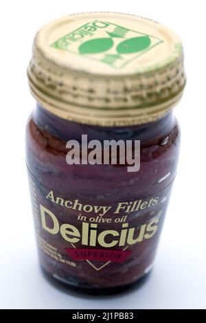 Jar with anchovy fillets in oil isolated on white Stock Photo - Alamy