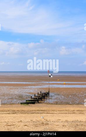Wooden groyne with black and white flag on a deserted beach at low tide ...