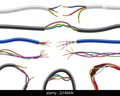 Damaged electric cables. Electric wiring circuit with broken insulation ...