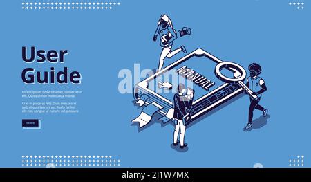 User guide isometric landing page, tiny people around of huge manual ...