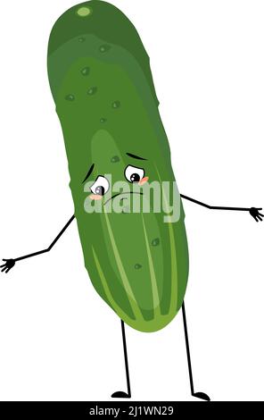 Cucumber character with sad emotions, face and mask keep distance, arms ...