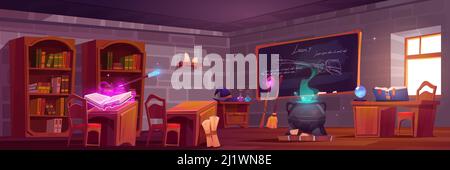 Magic school, classroom interior with wooden desks for pupils and ...