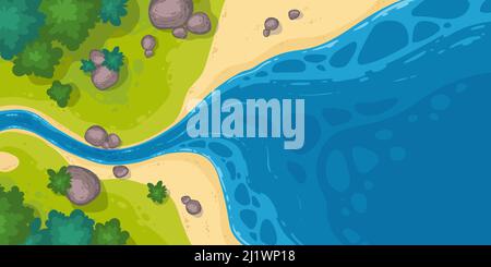 River flow into sea or pond top view, cartoon narrow riverbed going to ...