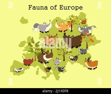 Educational illustration with cartoon European animals and world map ...