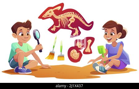 Kids playing in archaeologists working on paleontology excavations ...