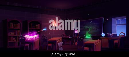 Magic school interior with open book of spell, paper scroll, staff and ...