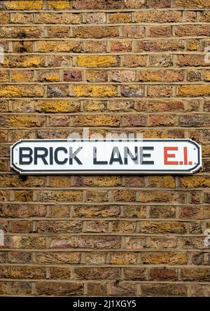 Road sign for Brick Lane mounted on a building exterior wall. London ...