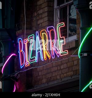Neon light word "Bizarre" part of an art installation by Chila Burman ...
