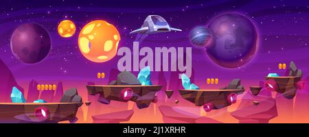 Space game platform, cartoon 2d gui alien planet landscape, computer or ...
