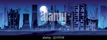 Night city destroy in war zone, abandoned buildings and bridge with ...