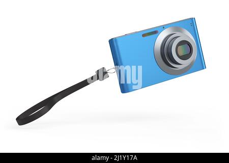 Stylish blue compact pocket digital camera isolated on white background ...