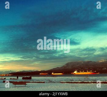 The English bay and the container ships in Vancouver, Canada Stock ...