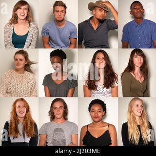 Young african man, different emotions collage over pink background ...