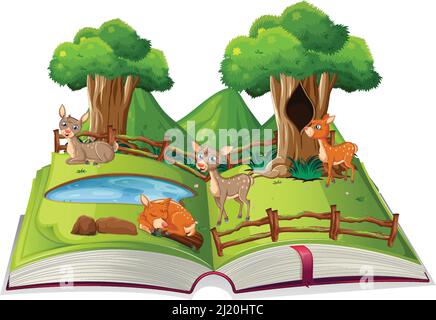 Open book forest theme with animal on white background illustration ...
