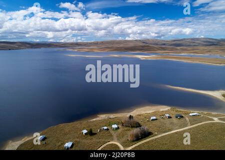 Lake Onslow, Central Otago, South Island, New Zealand - drone aerial ...