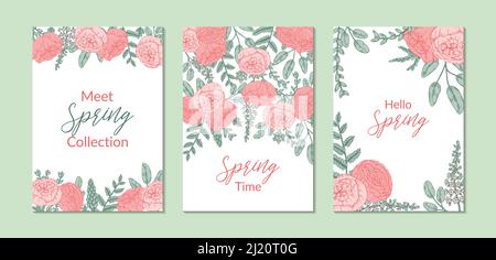 Set of gentle spring designs with floral elements. Hand drawn vector ...