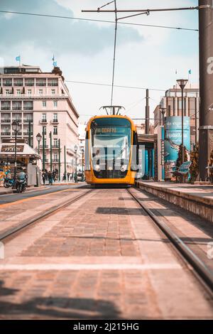 A tram in the city center of Athens in Greece at night Stock Photo - Alamy