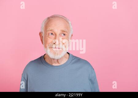 Photo of cheerful dreamy guy dressed yellow pullover arm chin looking ...