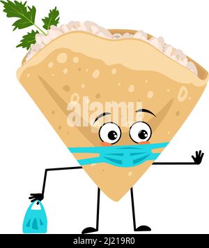 Pancake character with sad emotions, face and mask keep distance, arms ...