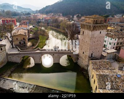 Fermignano tower and waterfall in Italy Stock Photo - Alamy