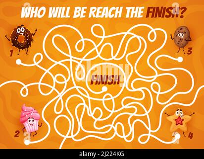 Labyrinth maze cartoon sweets and dessert characters. Kids vector board ...