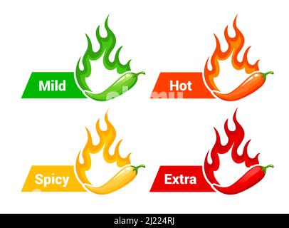 Spicy level labels with fire flames of peppers, mild, medium and extra ...