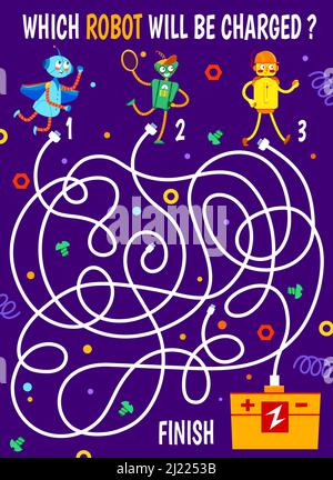 Labyrinth maze, cartoon funny robots on kids game puzzle, vector ...