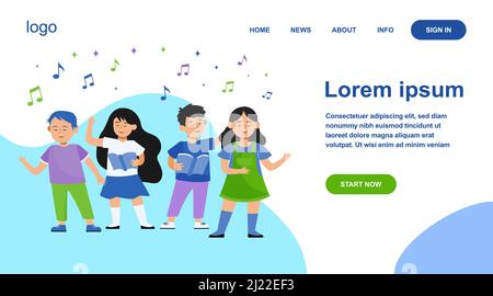 Kids choir. Cute singing kid, vocal art girl singer. Cartoon musical ...