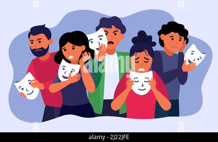 Depressed and angry people holding masks with happy faces Stock Vector ...