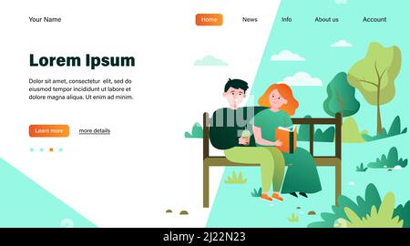 Happy couple sitting on bench in park. Date, love, book flat vector ...