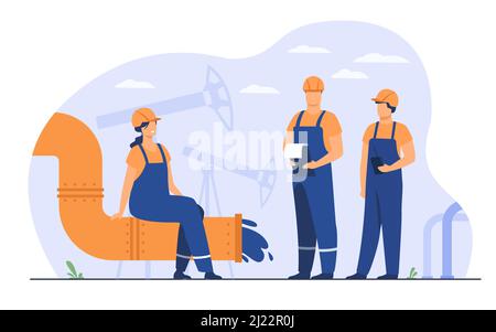 Oilmen and engineers on production line or pipe of petroleum refinery ...