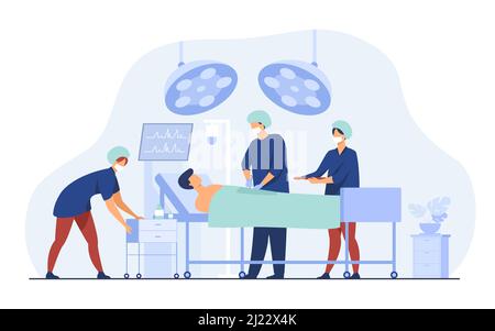 Patient on operating table. Cartoon operation theater under surgical ...