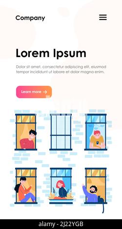 Apartment windows with neighbors cartoon character illustration Stock ...